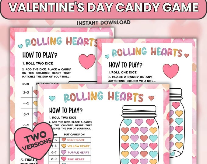 Valentines Day Candy Dice Game, Printable Rolling Hearts Valentine ...