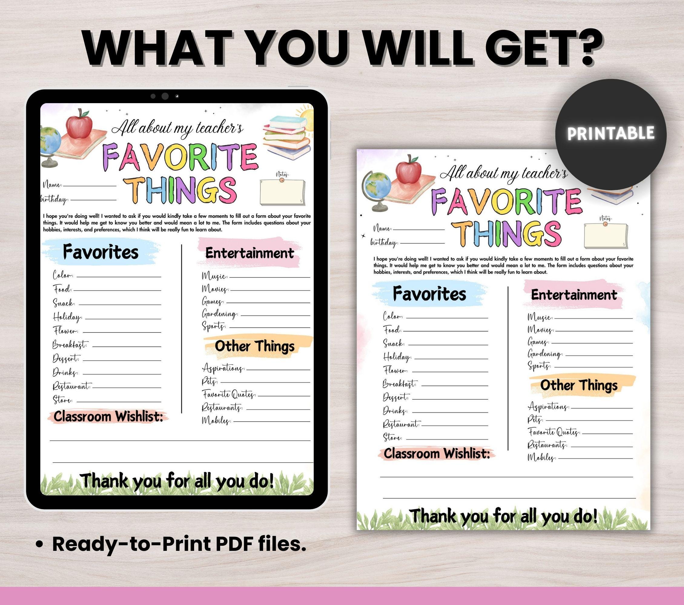 Teacher Favorite Things Questionnaire, Printable Teacher Survey ...