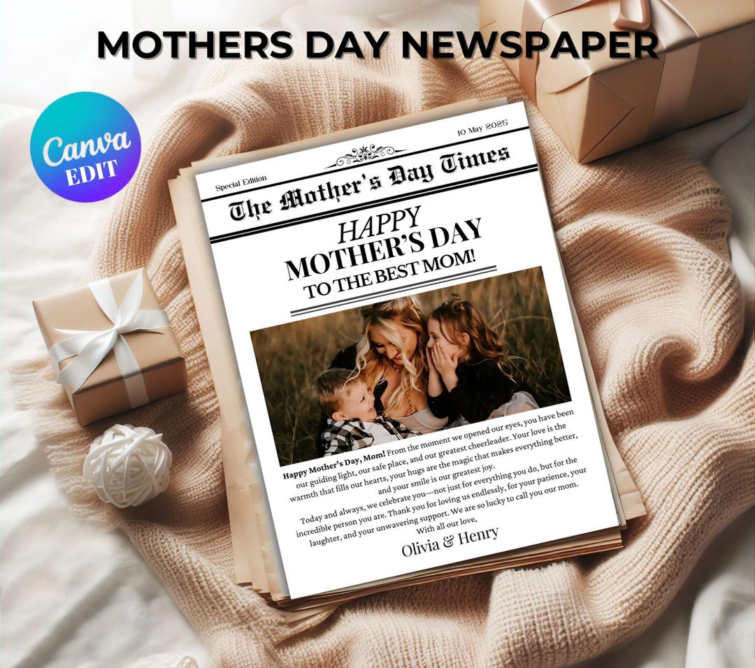 Editable Mothers Day Newspaper Template, Personalized Mother's Day Gift ...