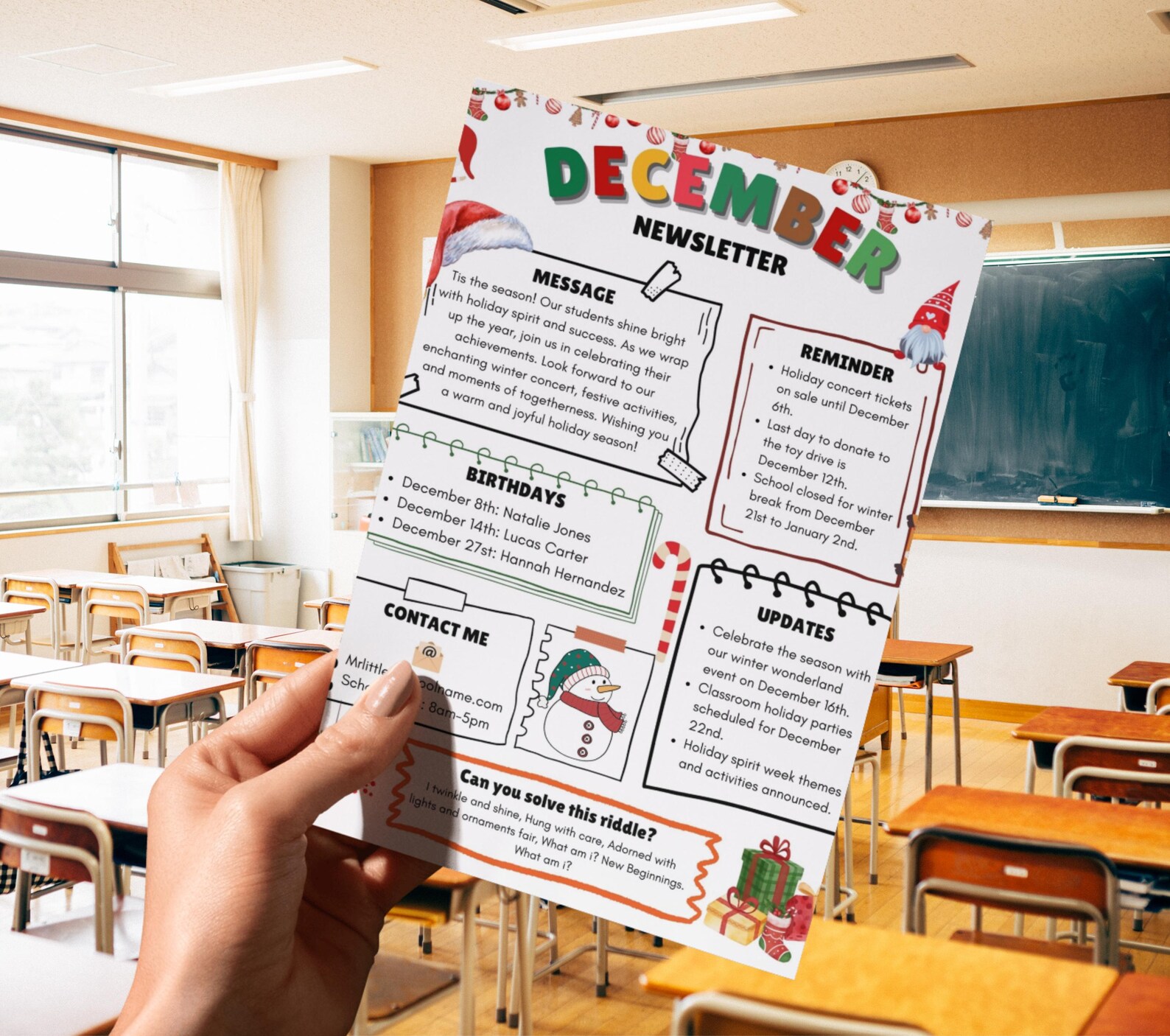 December Monthly Newsletter Template, Back to School, Weekly Classroom ...
