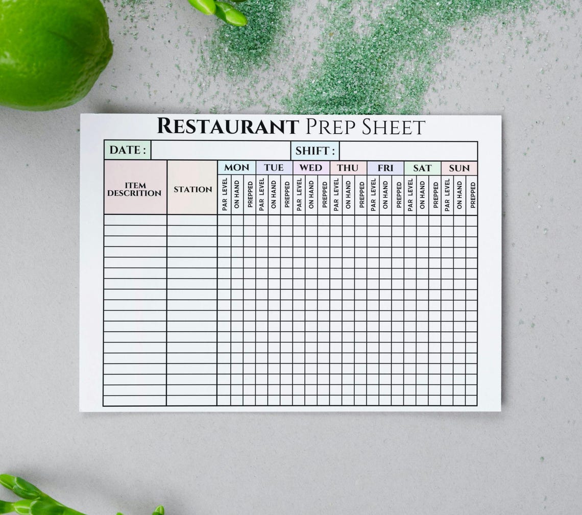 Restaurant Prep Sheet Printable, Food Prep Chart, Food Prep Sheet ...