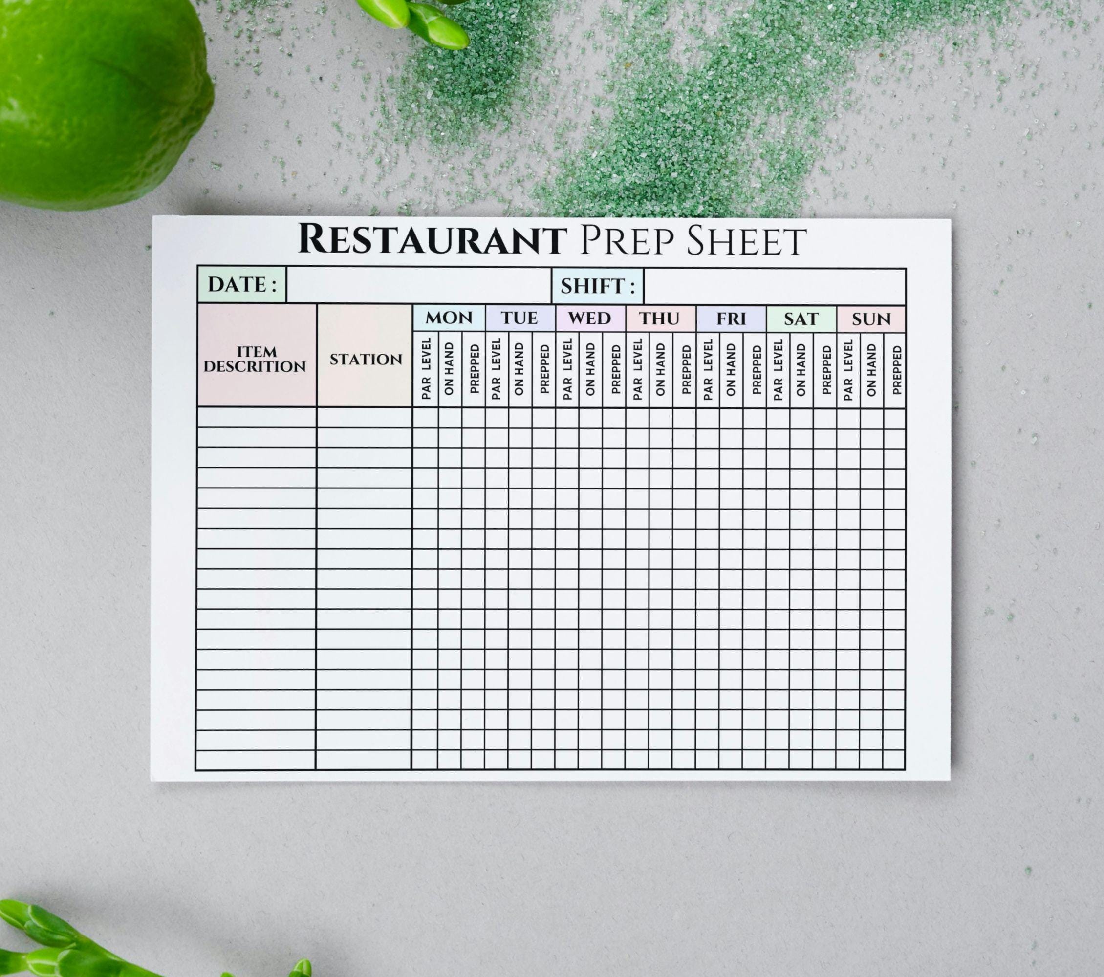Restaurant Prep Sheet Printable, Food Prep Chart, Food Prep Sheet ...