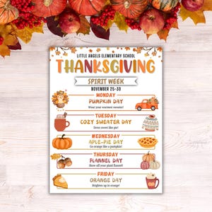 November School Spirit Week Itinerary Schedule, Editable Thanksgiving ...