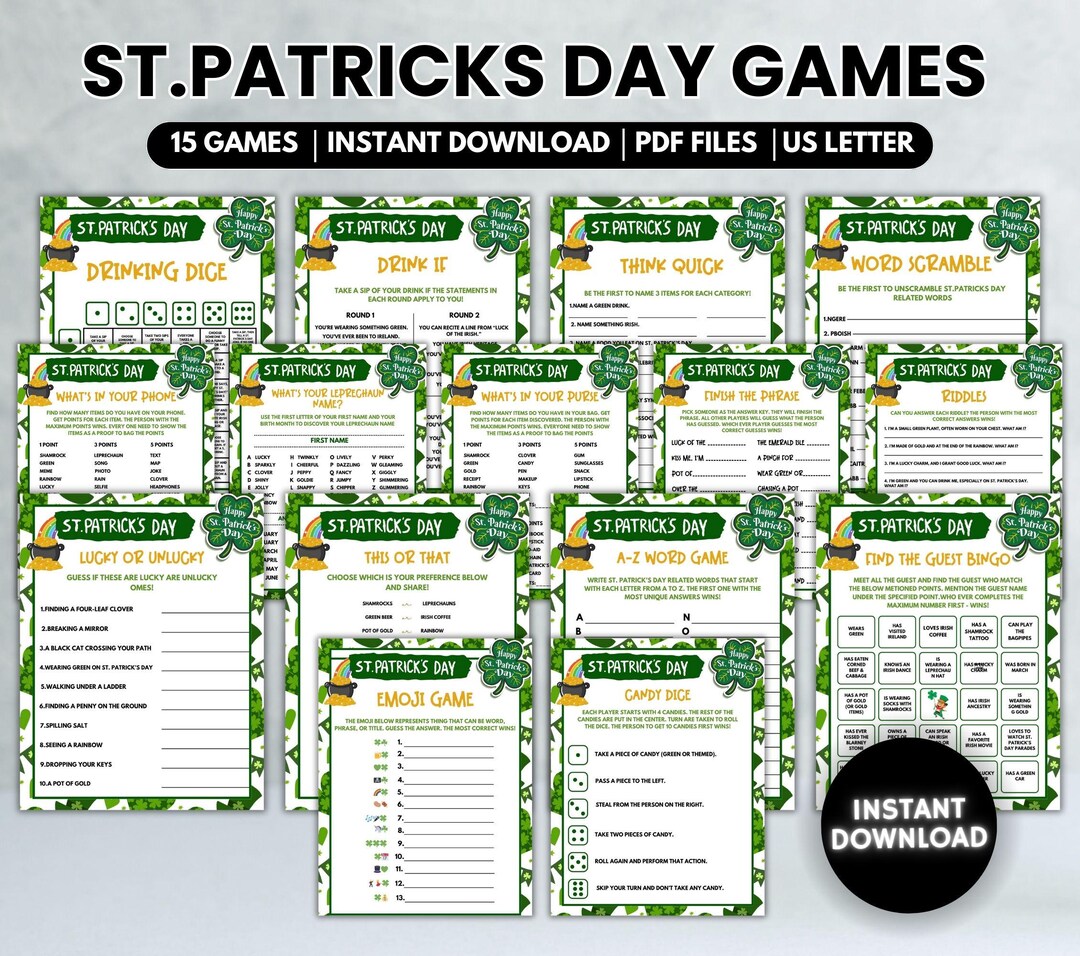 St. Patrick's Day Games Bundle, Printable Games for Kids & Adults, St ...