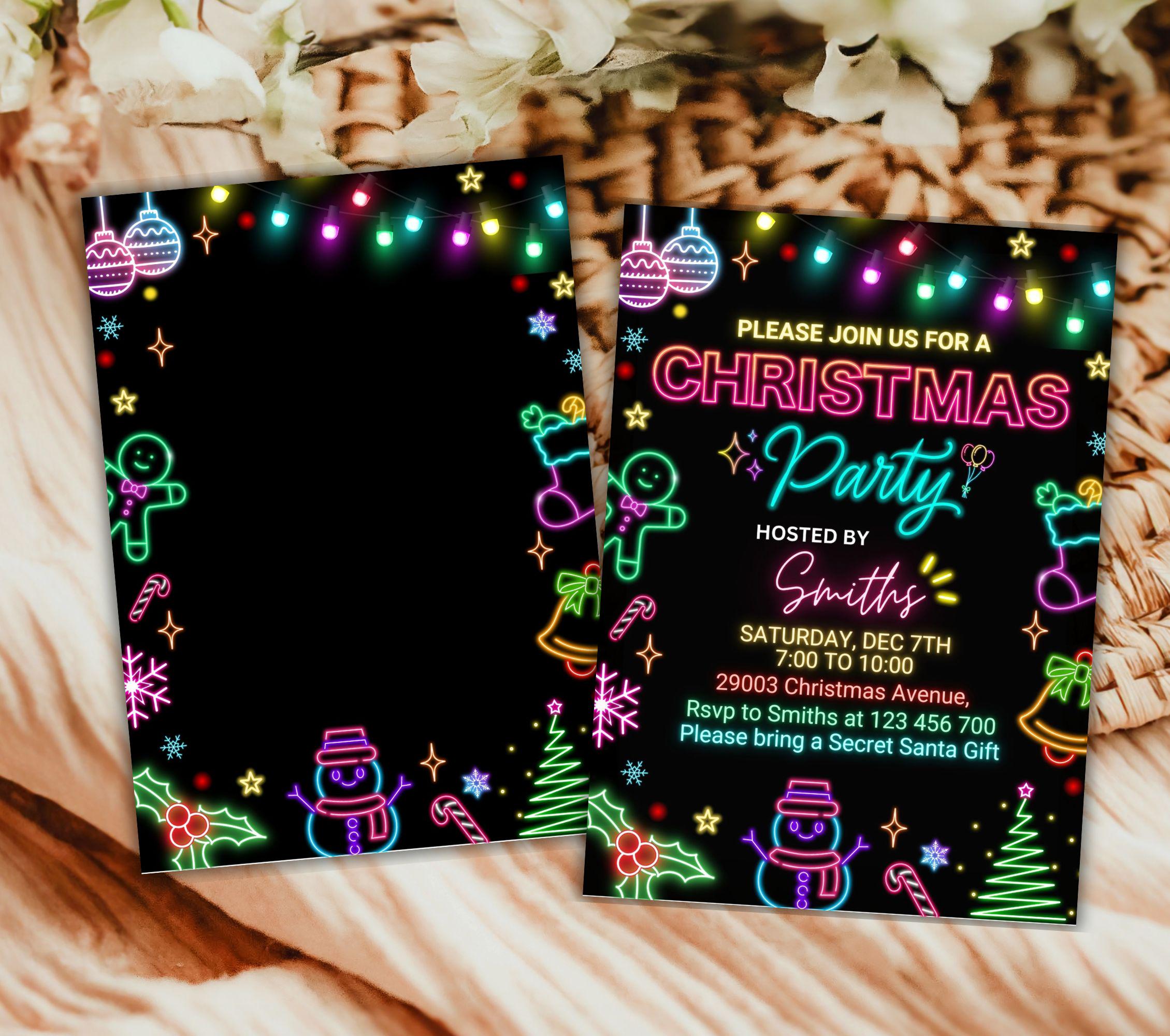 Editable Neon Christmas Party Invitation Template, Glow in the Dark ...