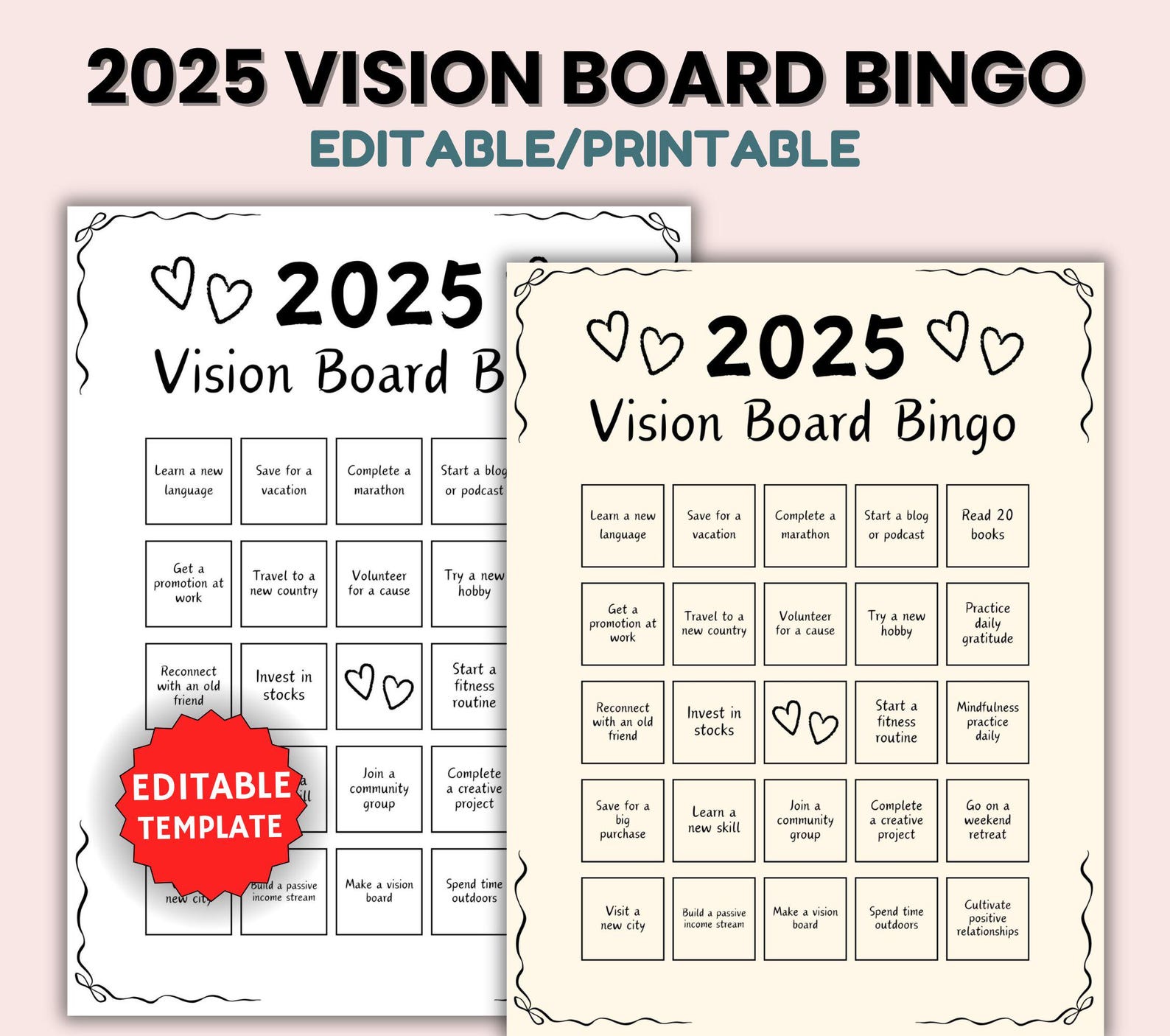 Vision Board Bingo Editable, 2025 Bingo Card Template, New Year ...