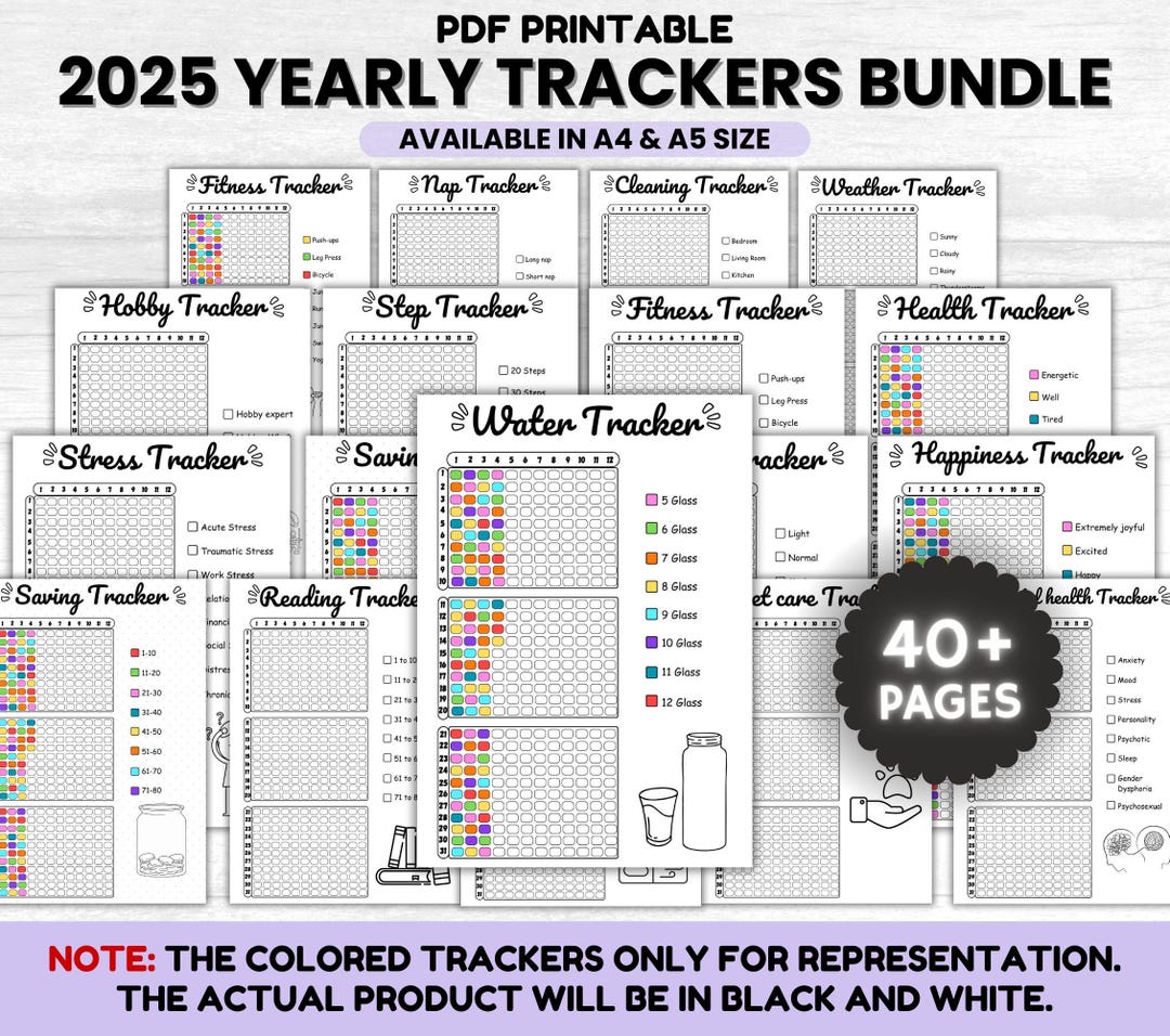 Yearly Trackers Bundle Printable, Pixel Tracker Bundle, Yearly Monthly ...