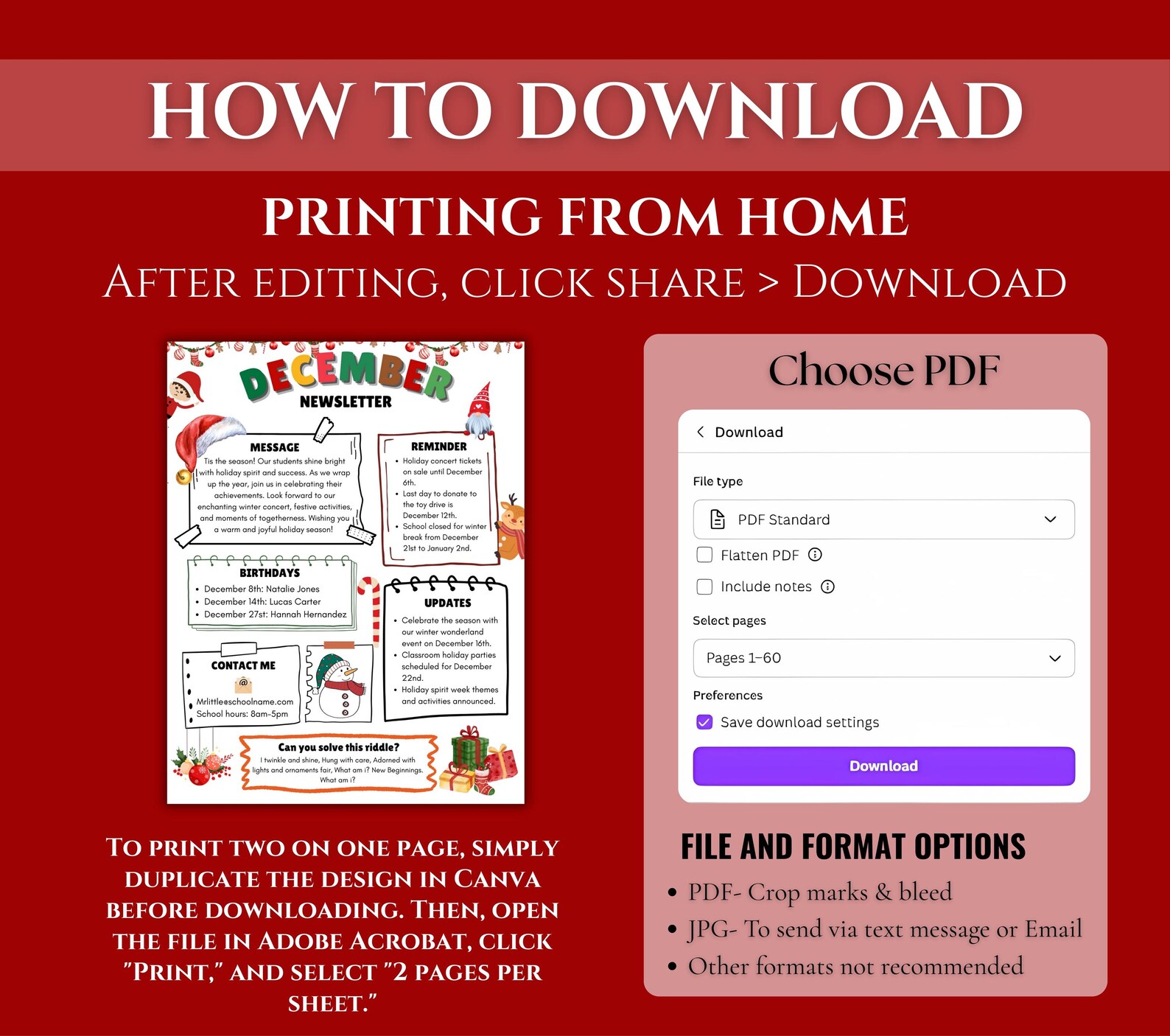 December Monthly Newsletter Template, Back to School, Weekly Classroom ...