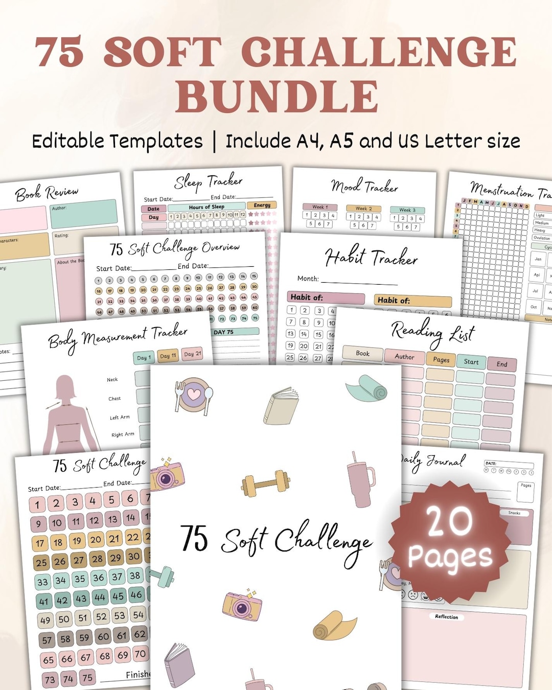 Editable 75 Soft Challenge Tracker, 75 Soft Challenge, Daily 75 Soft ...