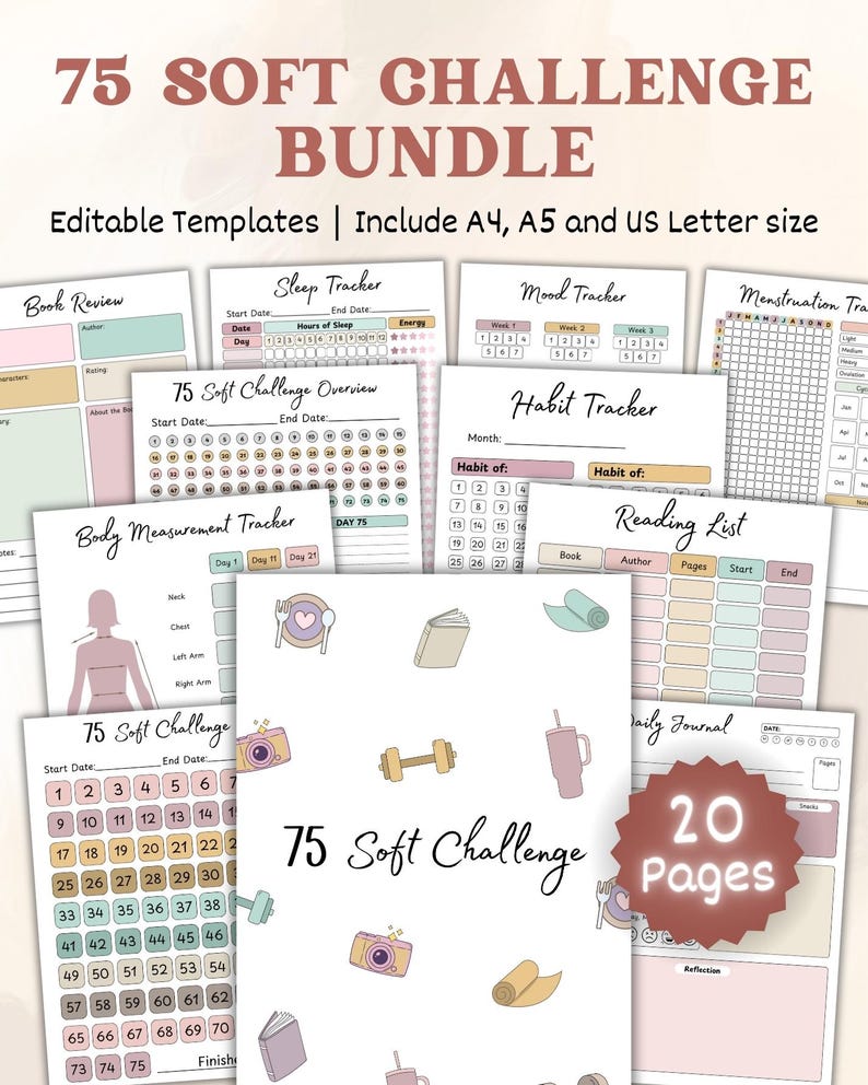 Editable 75 Soft Challenge Tracker, 75 Soft Challenge, Daily 75 Soft ...