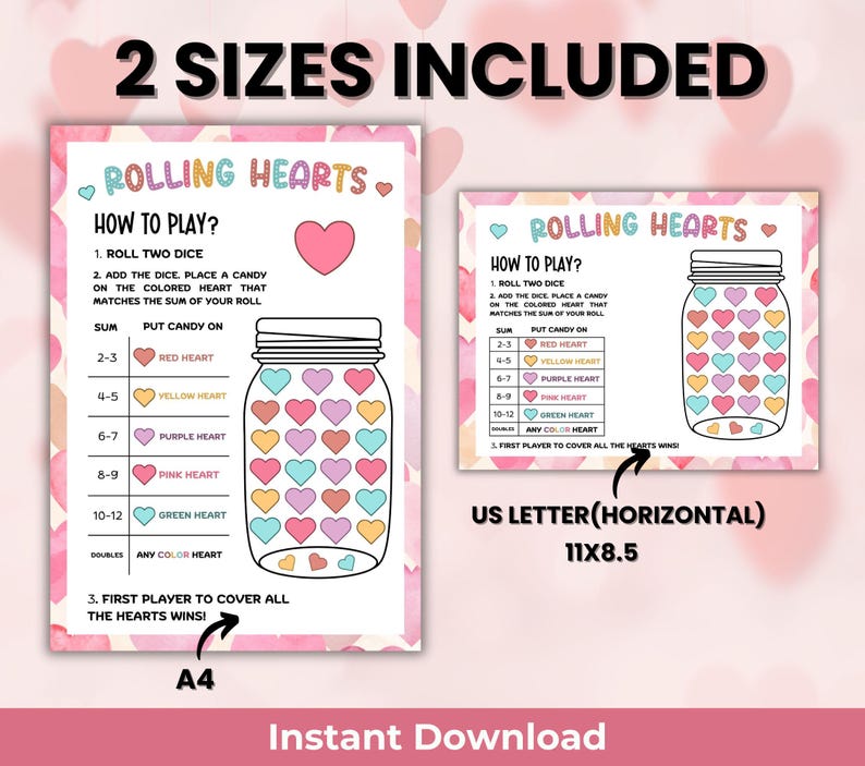 Valentine's Day Candy Game Printable, Rolling Hearts Valentine Games ...