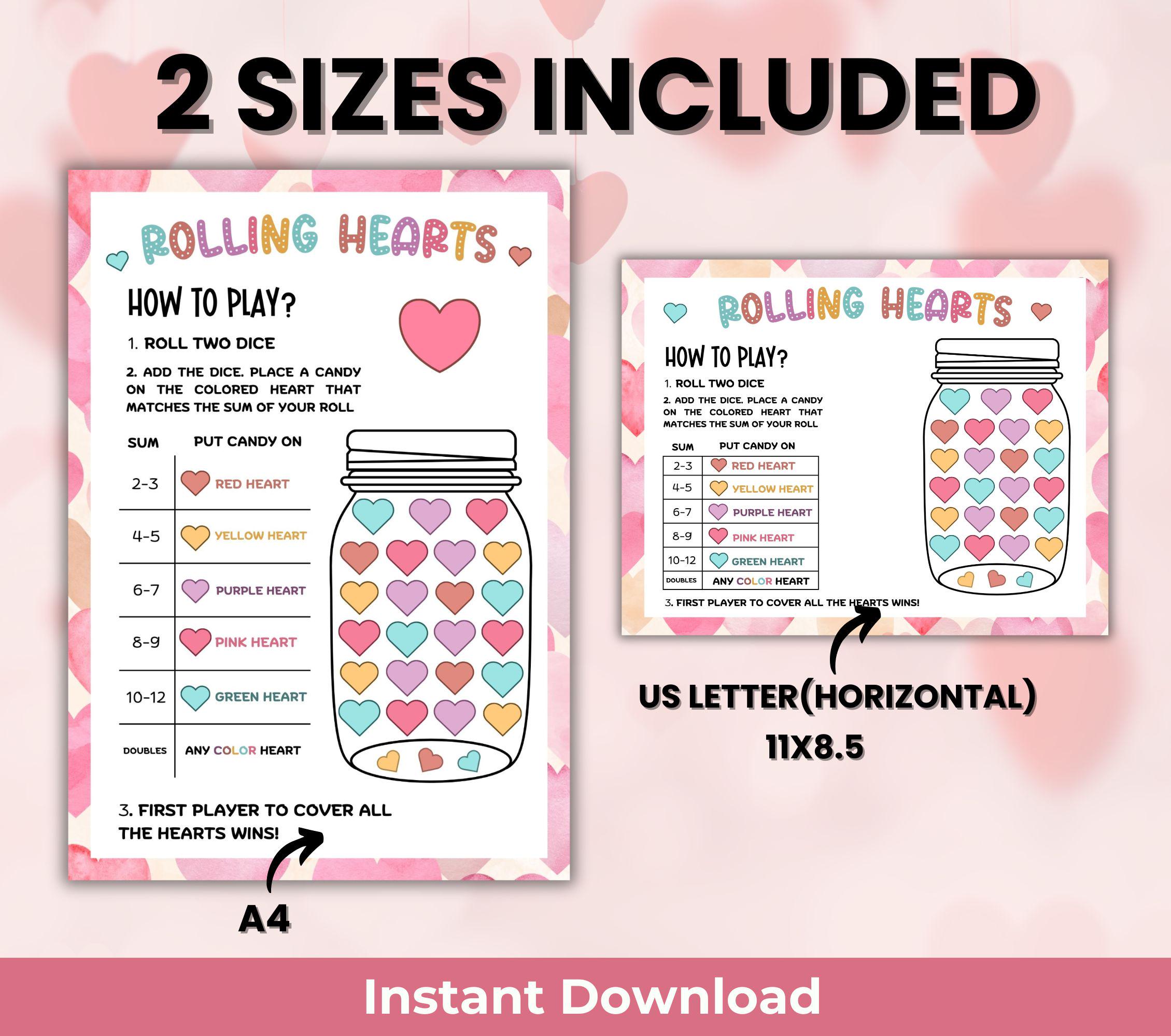 Valentine's Day Candy Game Printable, Rolling Hearts Valentine Games ...