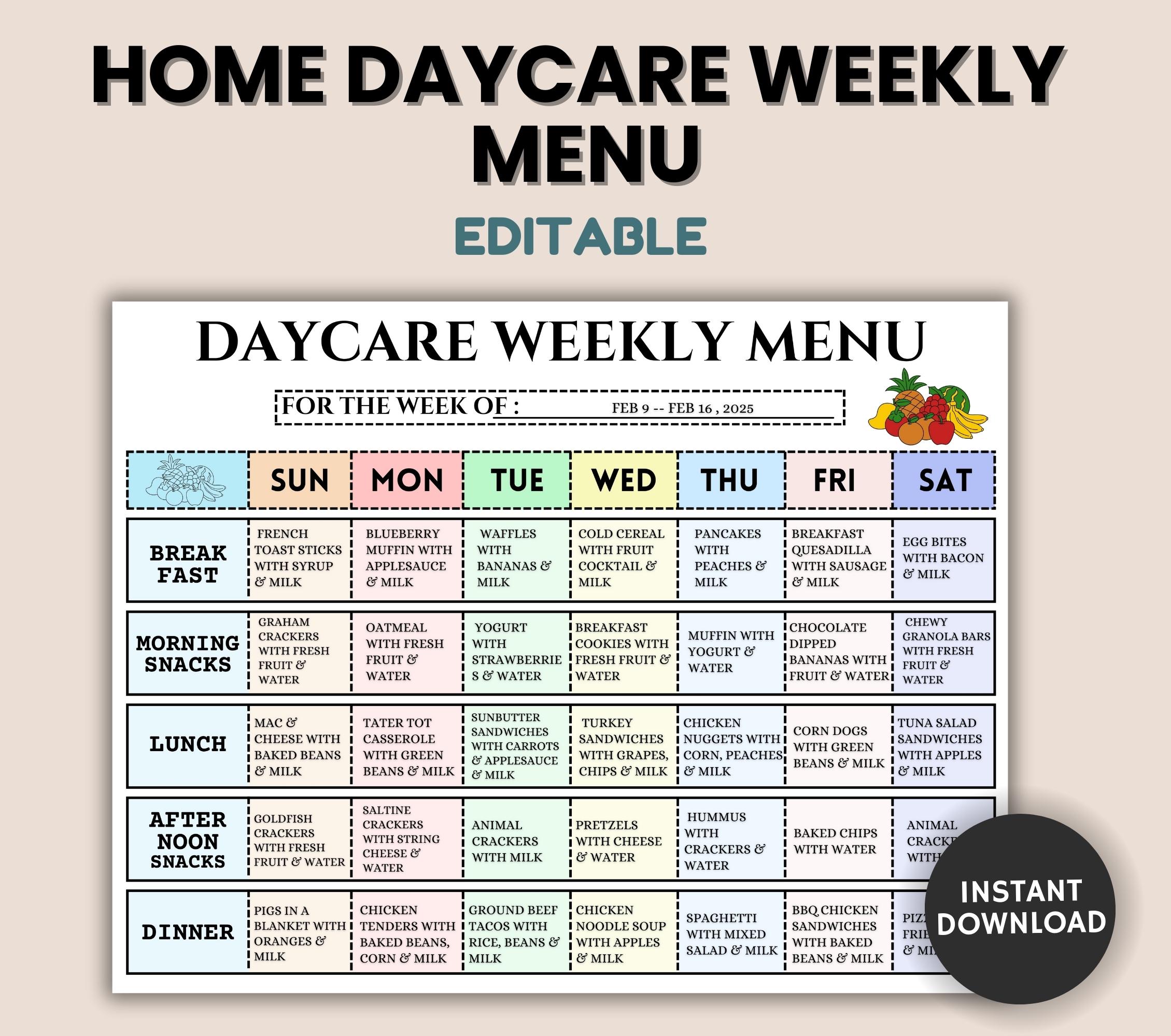 Home Daycare Weekly Menu Editable, Preschool Menu, Home School Meal ...
