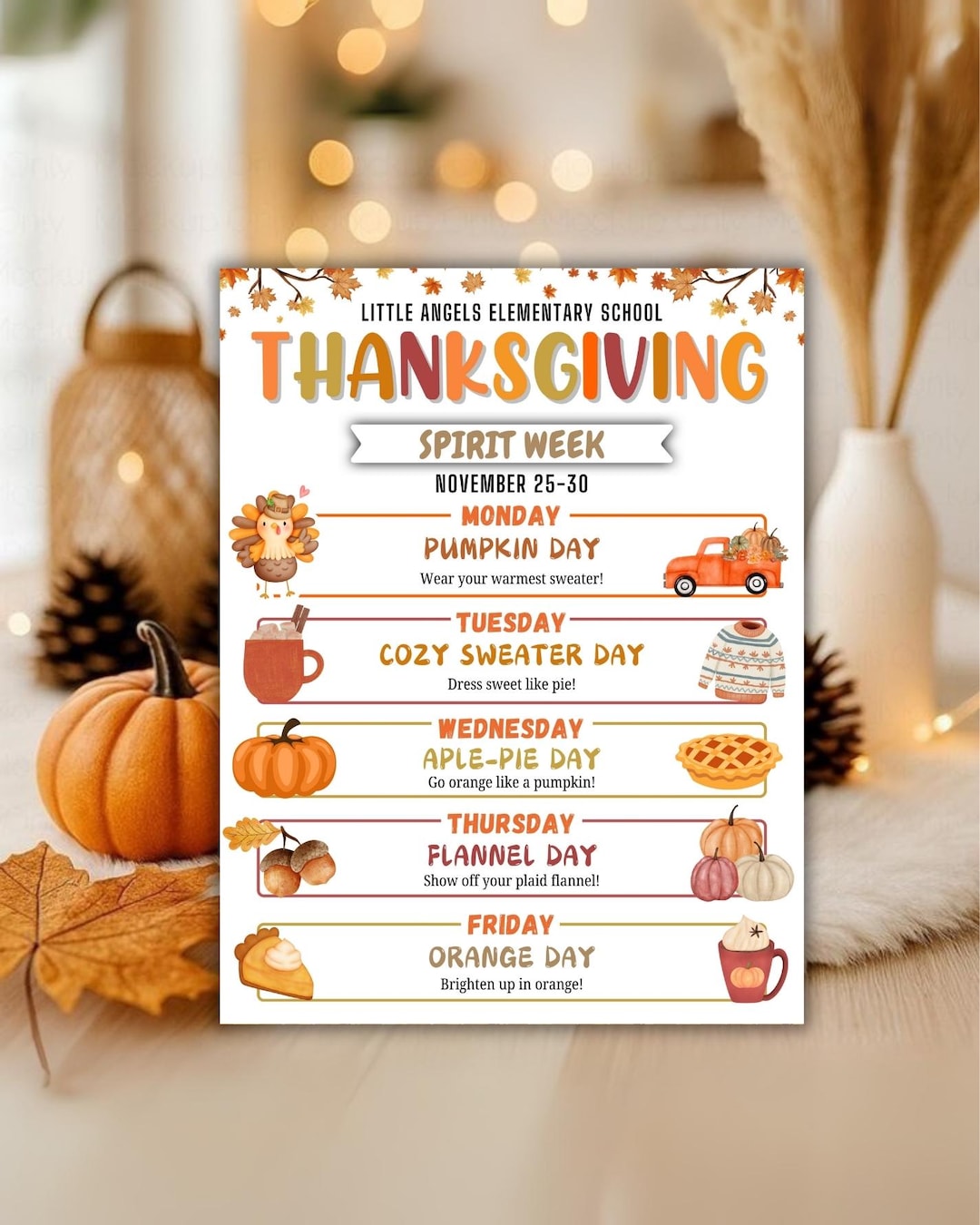 November School Spirit Week Itinerary Schedule, Editable Thanksgiving ...