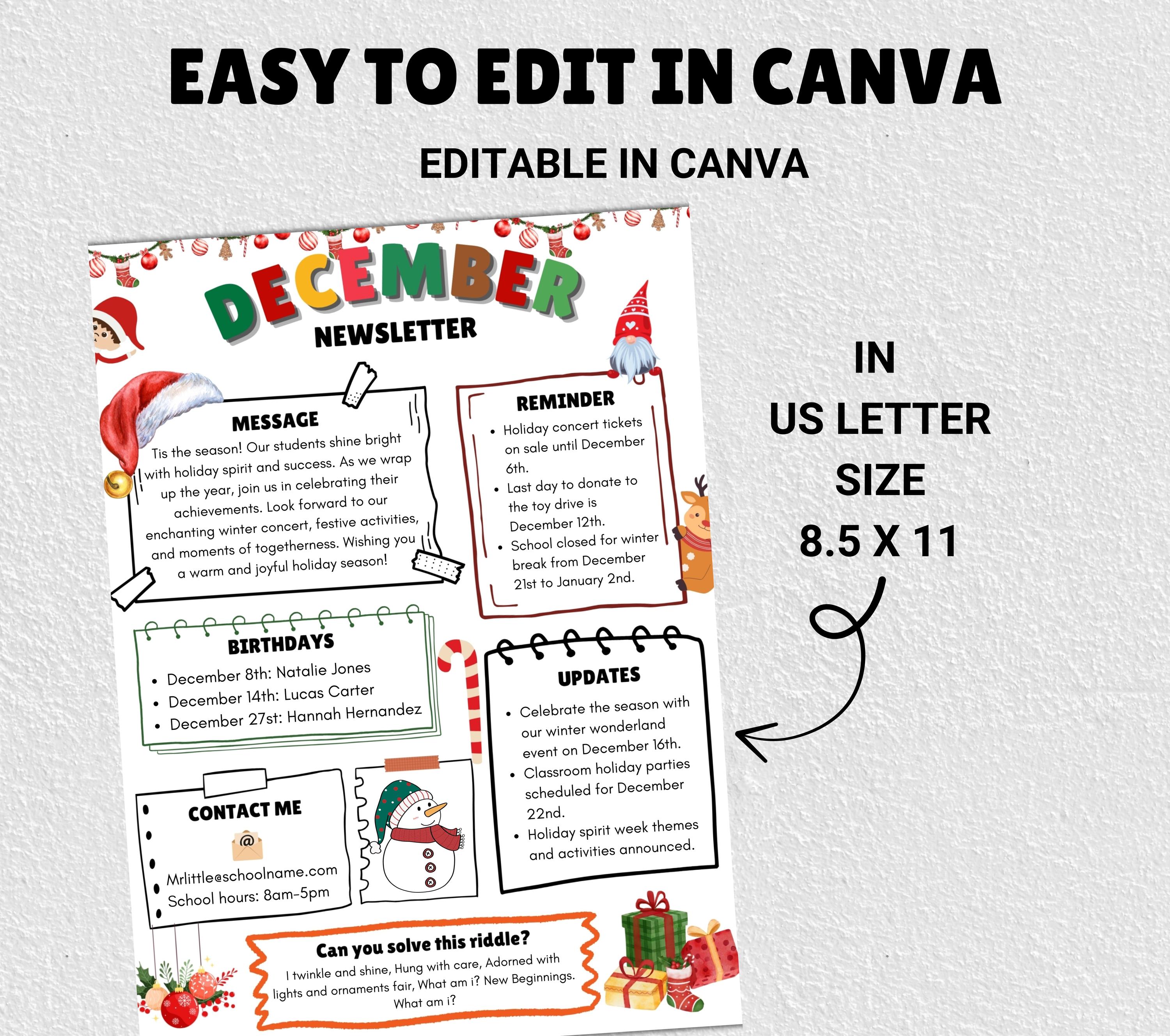 December Monthly Newsletter Template, Back to School, Weekly Classroom ...