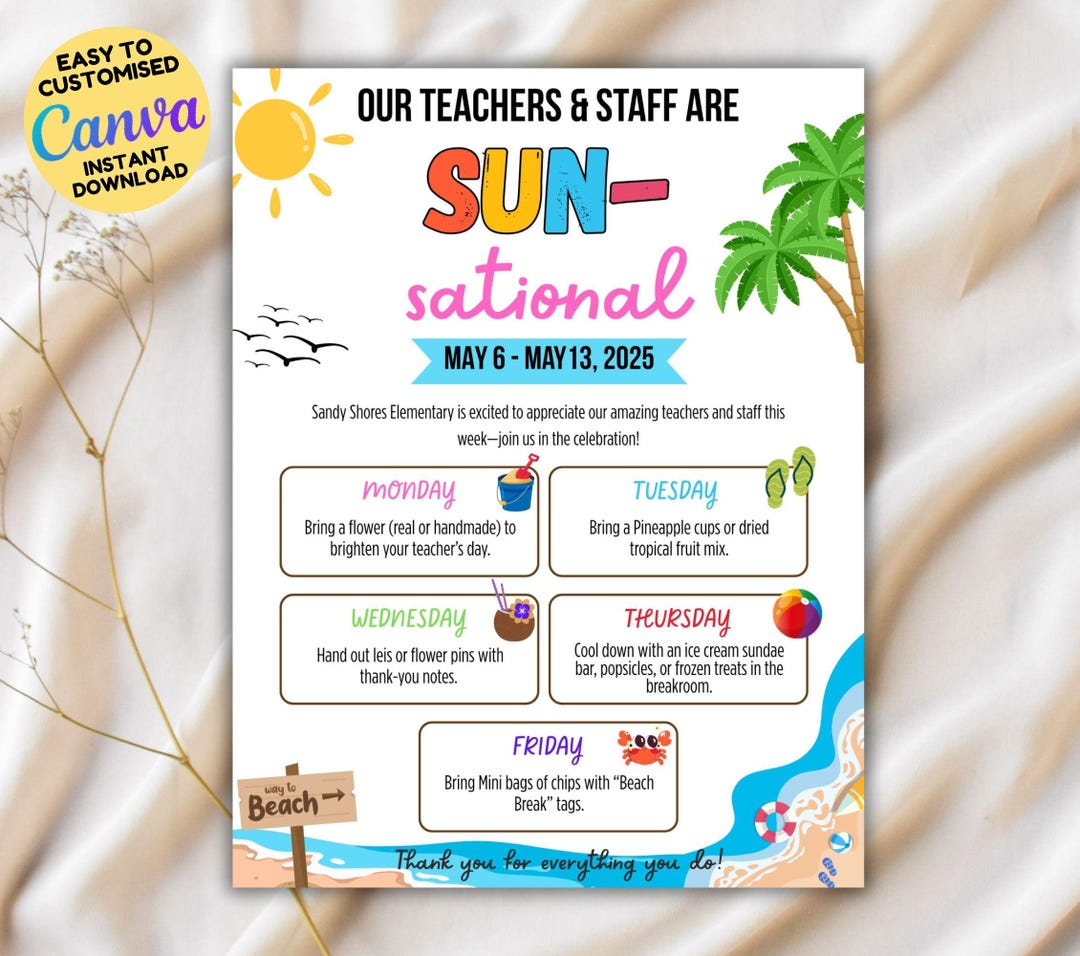 Editable Beach Theme Teacher & Staff Appreciation Sunsational Itinerary ...