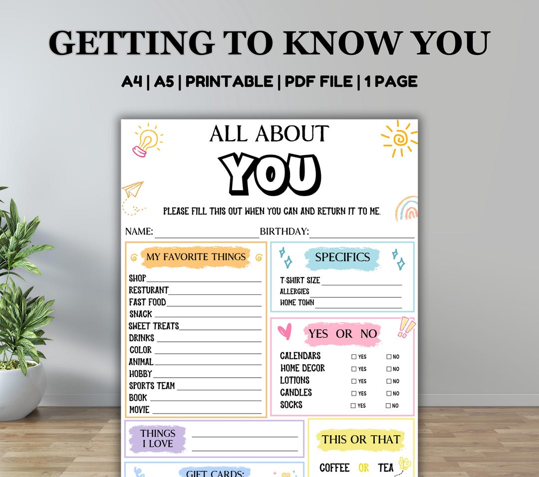 Printable Getting to Know You Survey, Favorite List Survey, All About ...