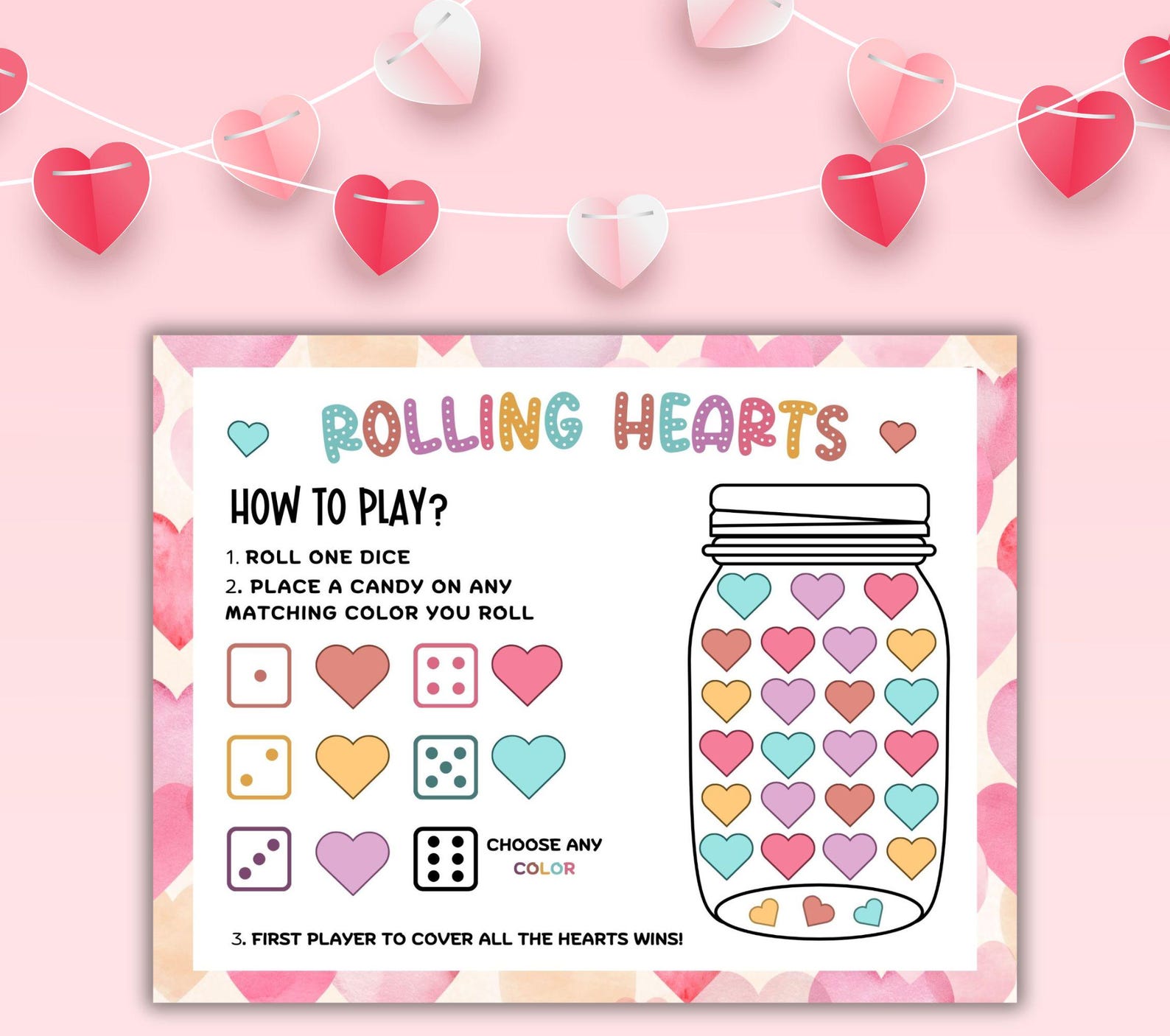 Valentine's Day Candy Game Printable, Rolling Hearts Valentine Games ...