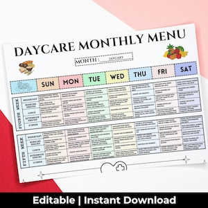 Editable Home School Meal Planner, Home Daycare Weekly Menu Editable ...