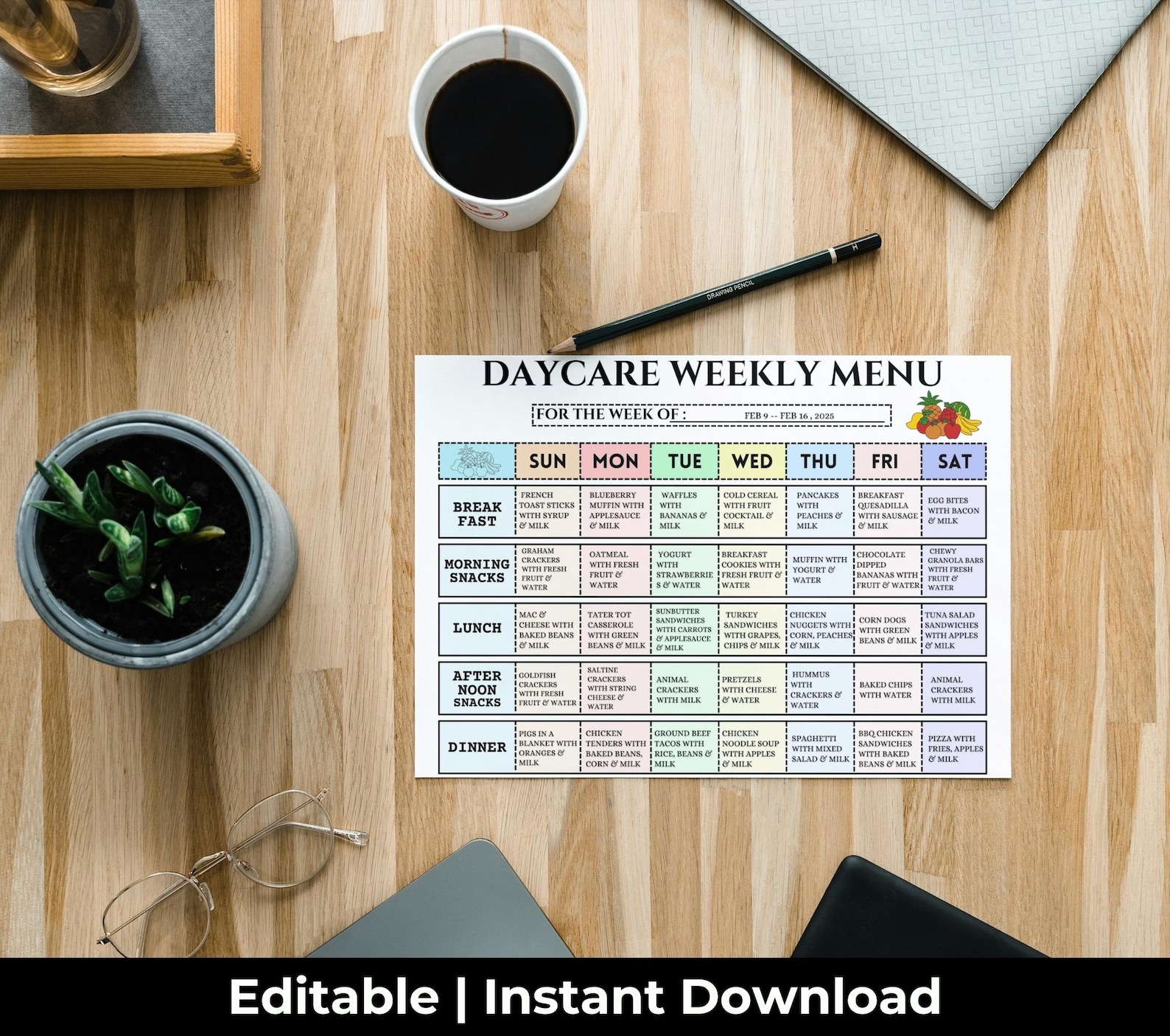 Home Daycare Weekly Menu Editable, Preschool Menu, Home School Meal ...