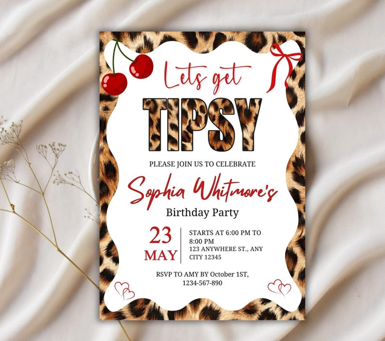 Let's Get Tipsy Birthday Invitation, Editable Cheetah Print Birthday ...