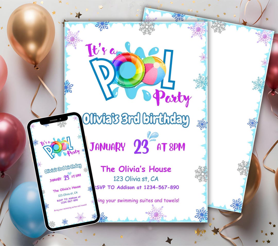 Pool Party Invitation Template, Swimming Birthday Party, Pool Party Invitations, Girl's Pool ...