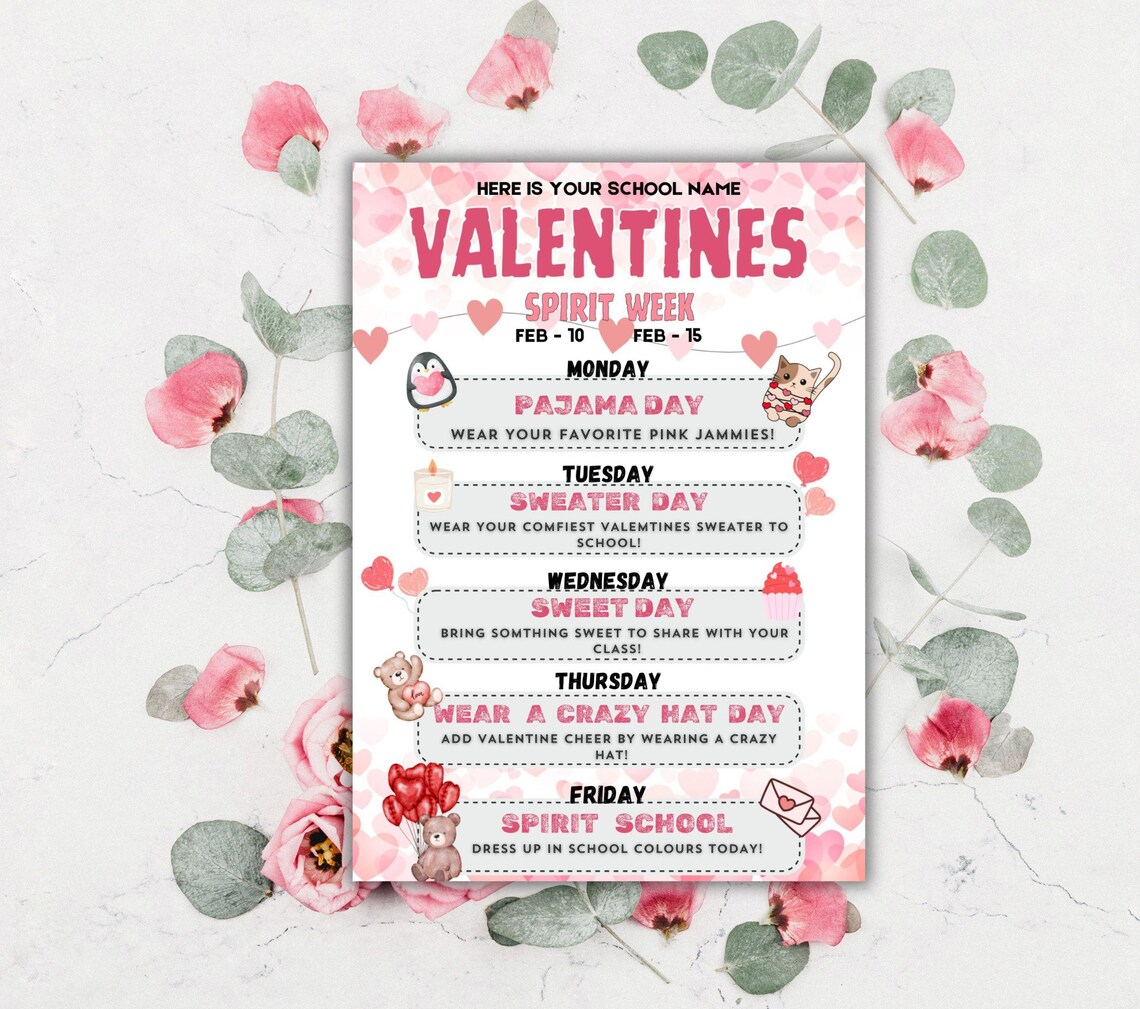 Editable Valentine's School Spirit Week Flyer, PTO Schedule, February ...