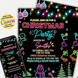 Editable Neon Christmas Party Invitation Template, Glow in the Dark ...