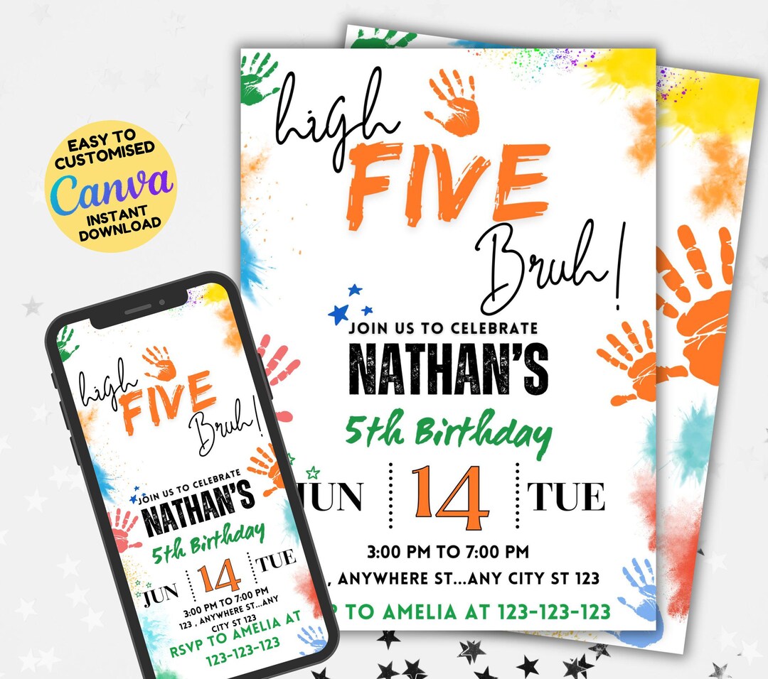 High Five 5th Birthday Invitation Editable, Hi Five Invite Template ...