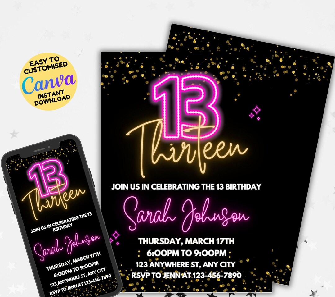 EDITABLE Girl 13th Birthday Invitation, Neon Birthday Invitation, Pink ...