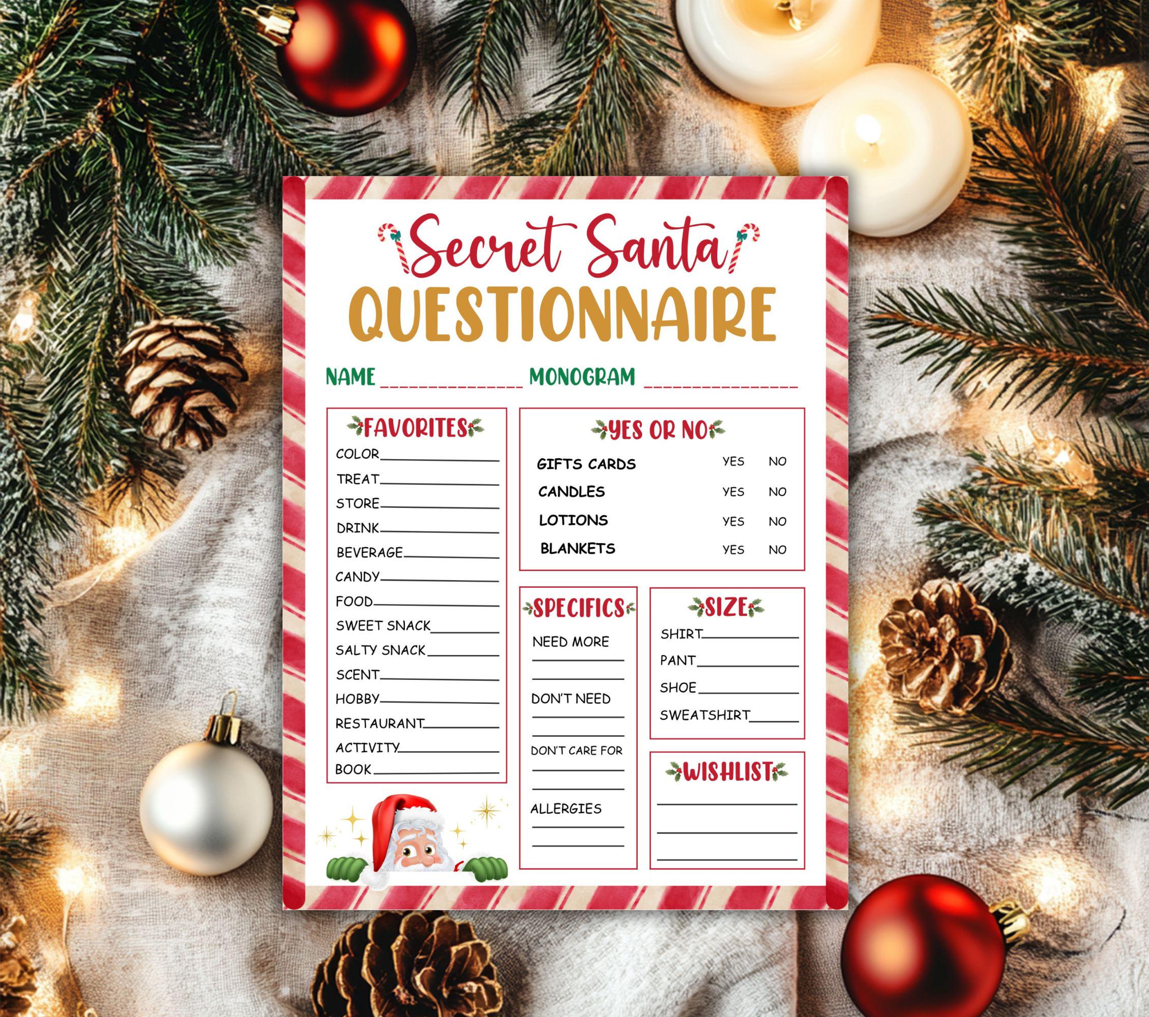 Secret Santa Survey Printable, Secret Santa Questionnaire, Secret Gift ...