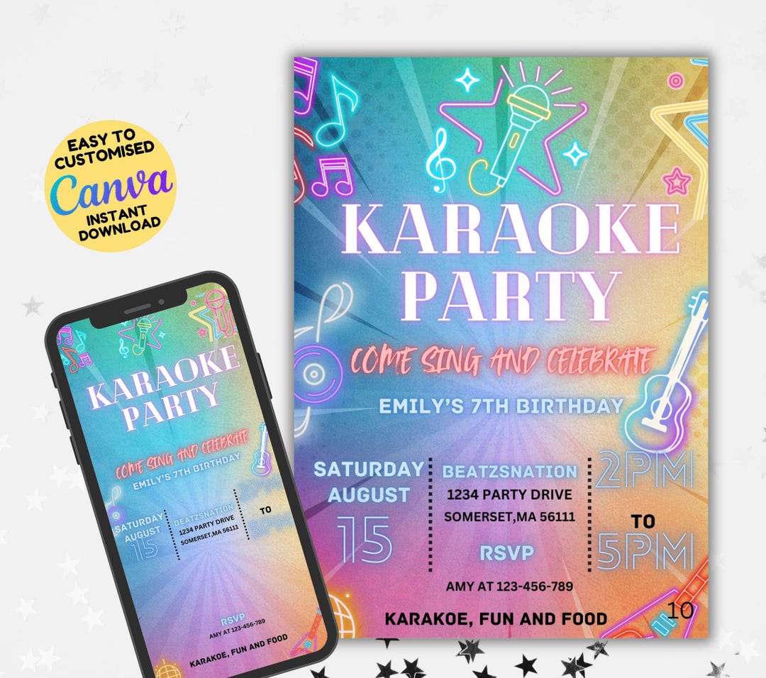 Karaoke Party Birthday Invitation Editable, Glow Karaoke Birthday Party ...