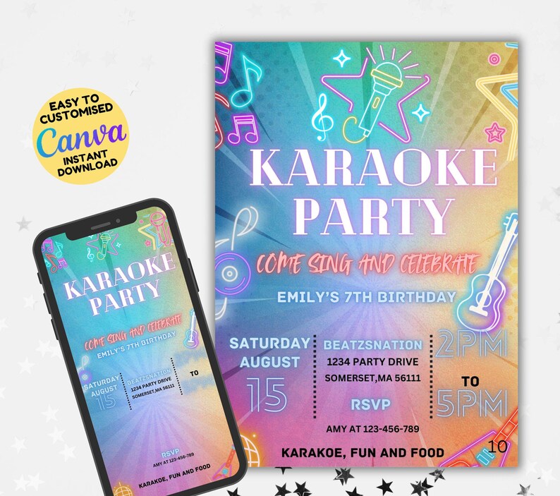 Karaoke Party Birthday Invitation Editable, Glow Karaoke Birthday Party ...