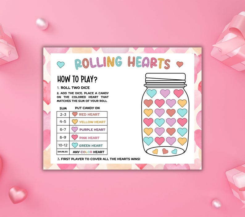 Valentine's Day Candy Game Printable, Rolling Hearts Valentine Games ...