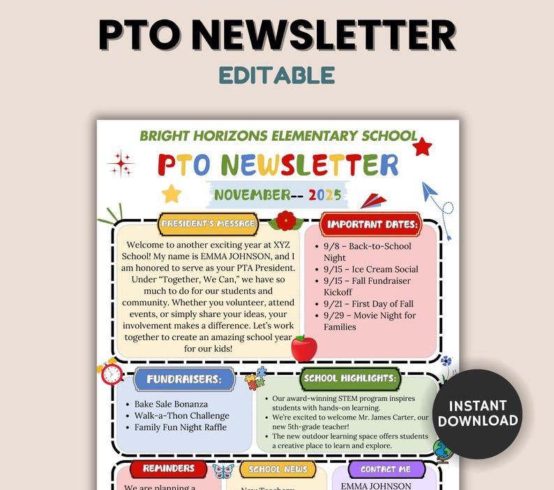 PTO PTA Newsletter Editable Template, Parent Communication, President's ...