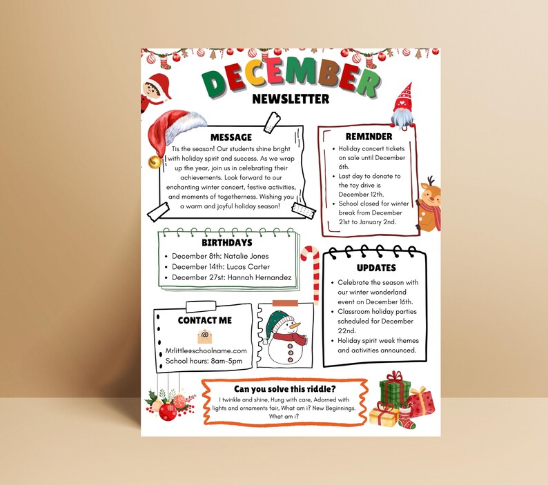 December Monthly Newsletter Template, Back to School, Weekly Classroom ...