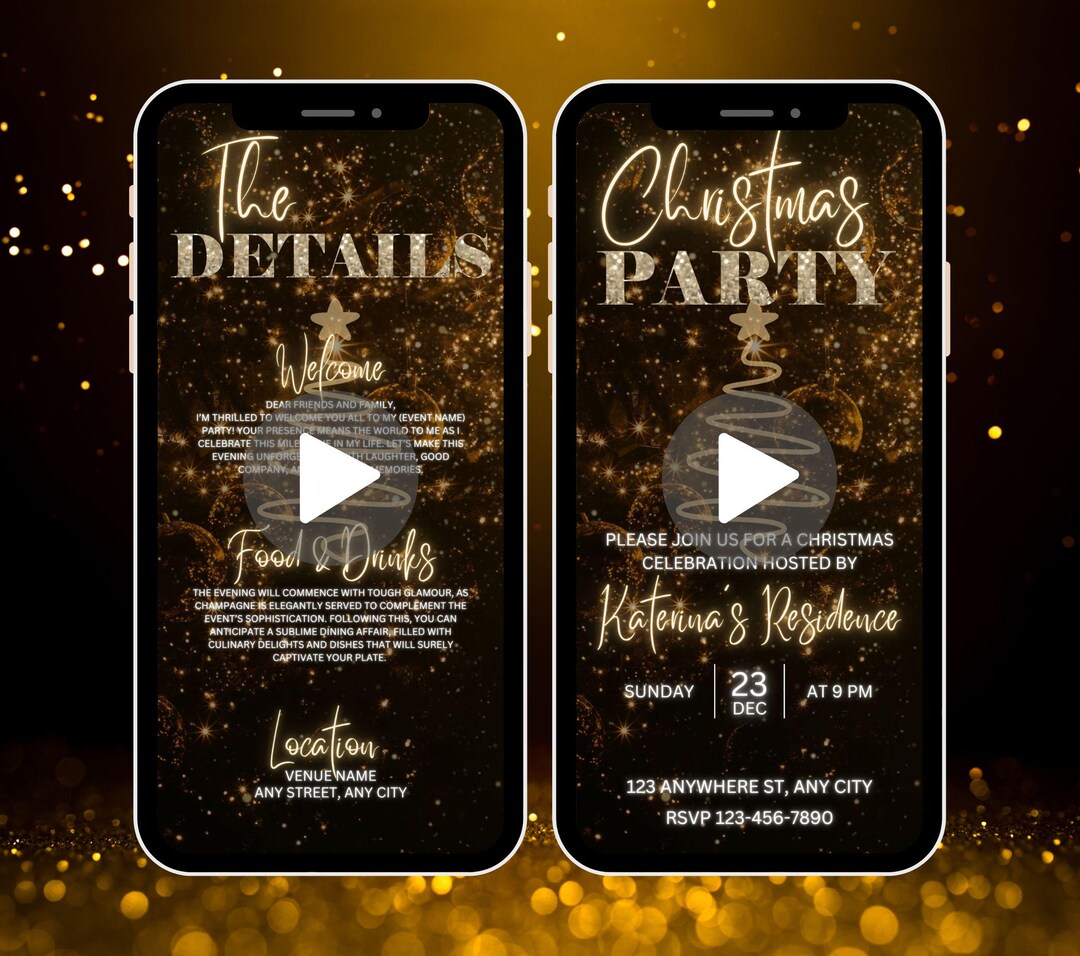 Digital Christmas Party Invitation Video, Animated Gold Xmas Holiday ...