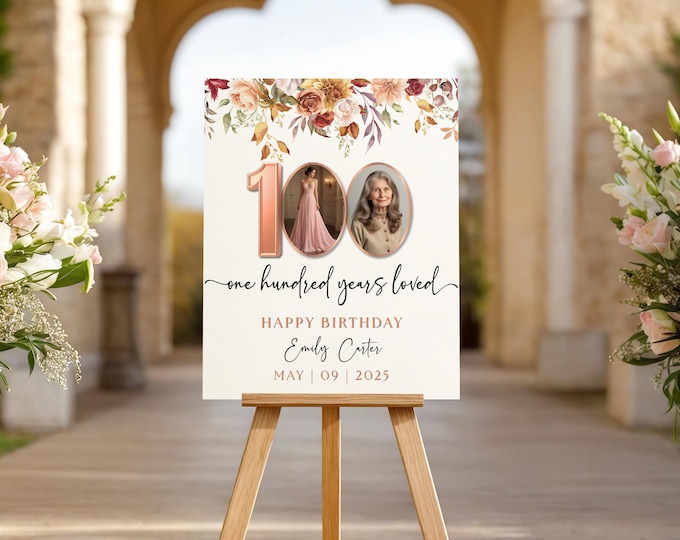 100 Years Loved Sign, 100th Birthday Welcome Sign, Floral 100th Welcome ...