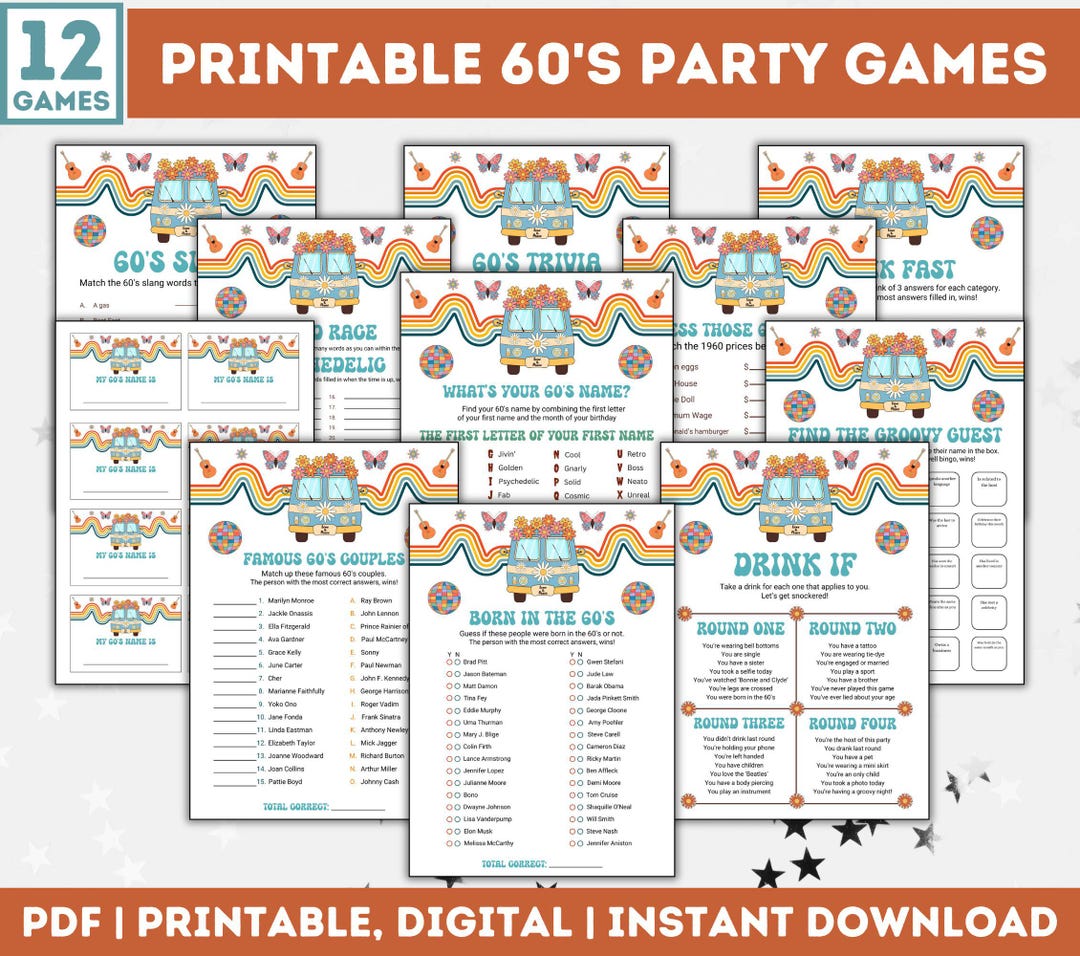 60s Party Games Bundle, Printable Games for a 60s Theme Party, Back to ...