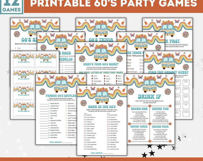 60s Party Games Bundle, Printable Hippie Birthday Party Activities ...
