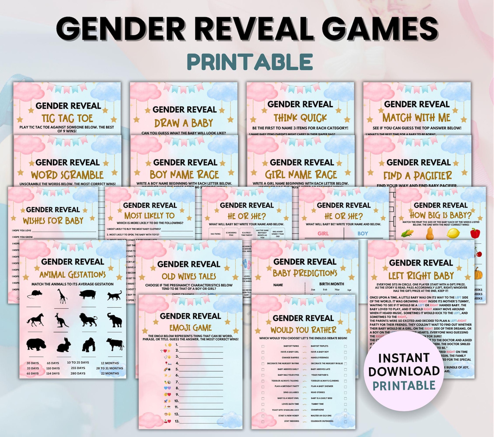 Gender Reveal Games Bundle Printable, Gender Reveal Games, Gender Reveal Party Games, Blue Pink ...