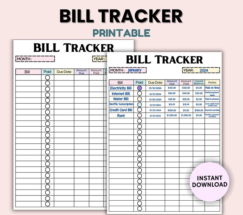 Bill Tracker Printable, Monthly Bill Tracker Printable, Bill Payment ...