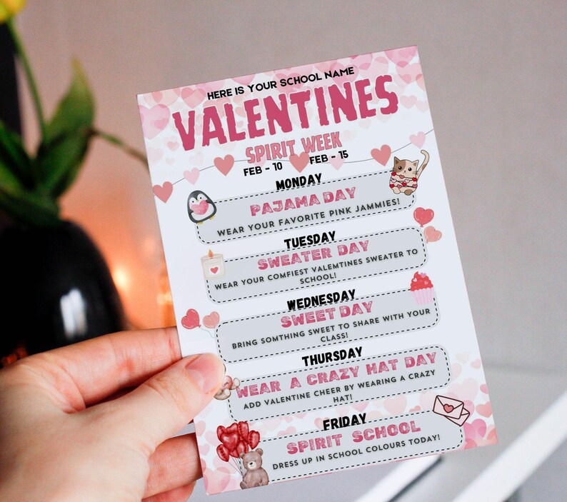 Editable Valentine's School Spirit Week Flyer, PTO Schedule, February ...
