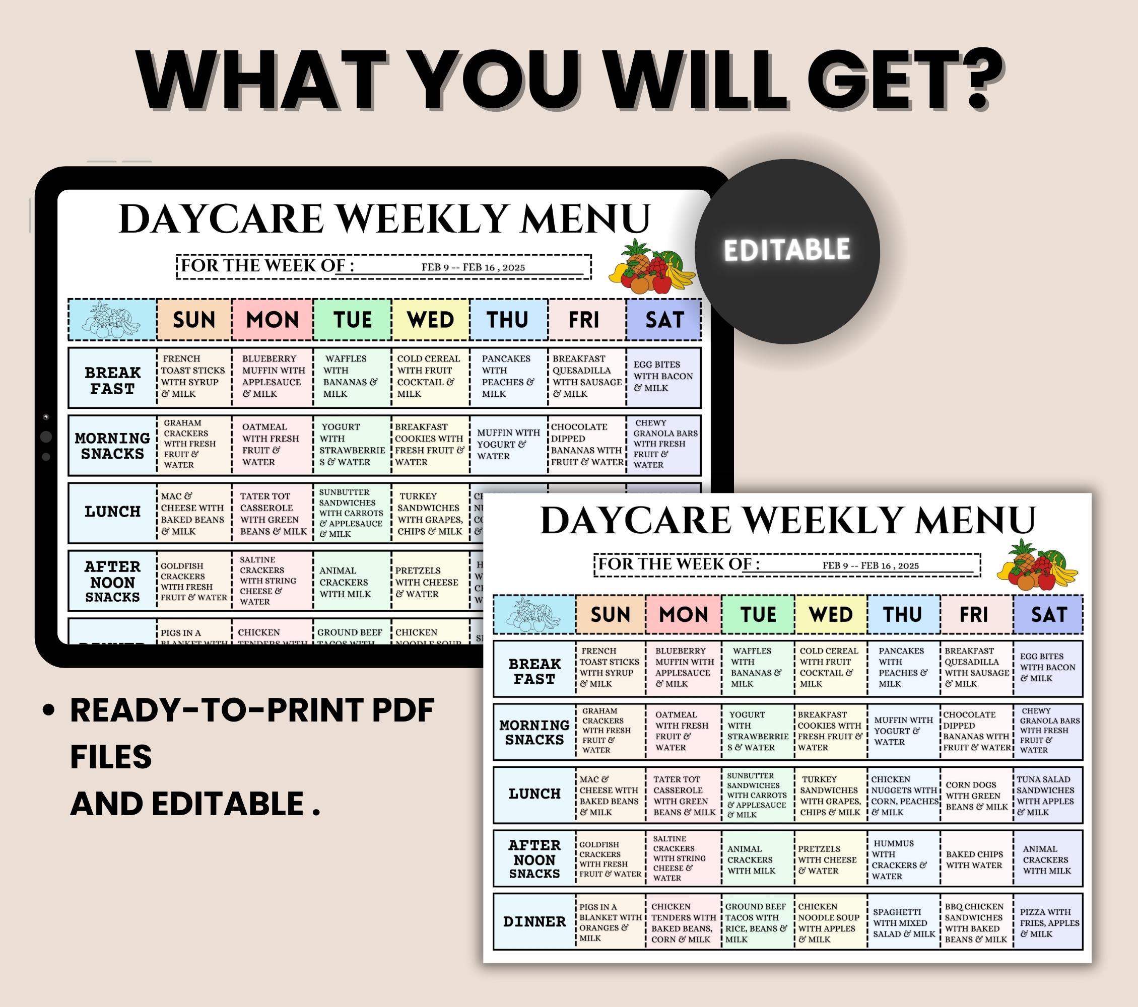Home Daycare Weekly Menu Editable, Preschool Menu, Home School Meal ...
