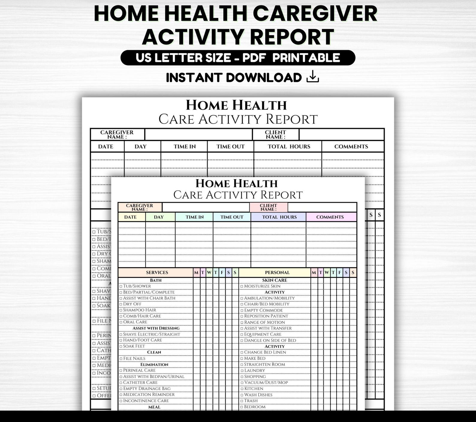 Printable Home Health Caregiver Activity Report, Elder Care Checklist ...