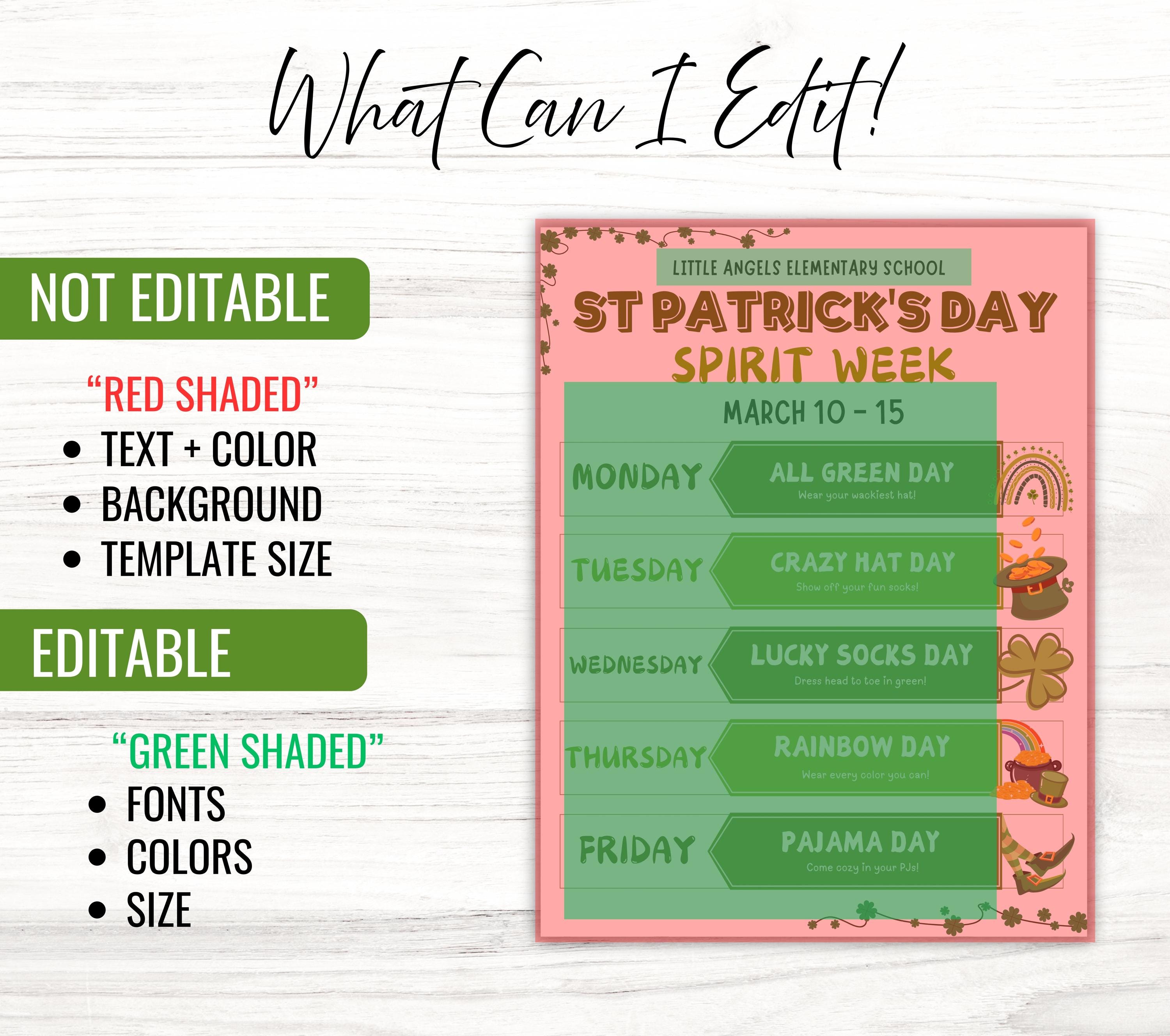 Editable St.patricks School Spirit Week Flyer Template, St. Patty's PTA ...