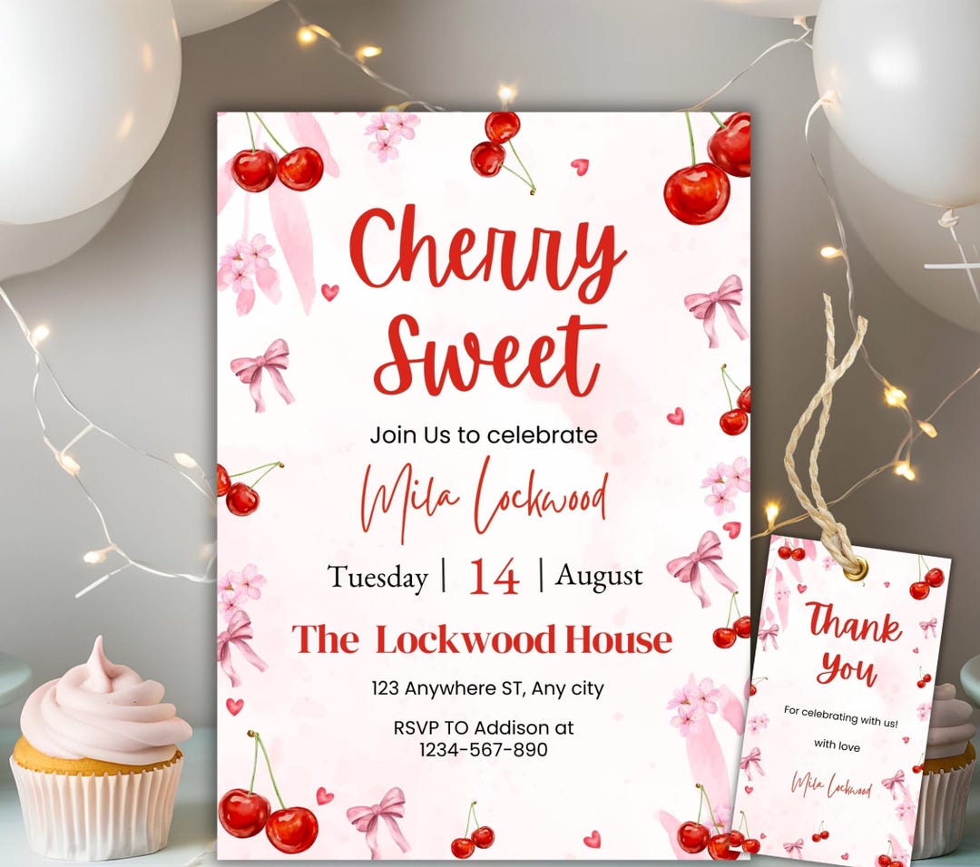 Editable Cherry Sweet Birthday Party Invitation Template, Cherry Bow ...
