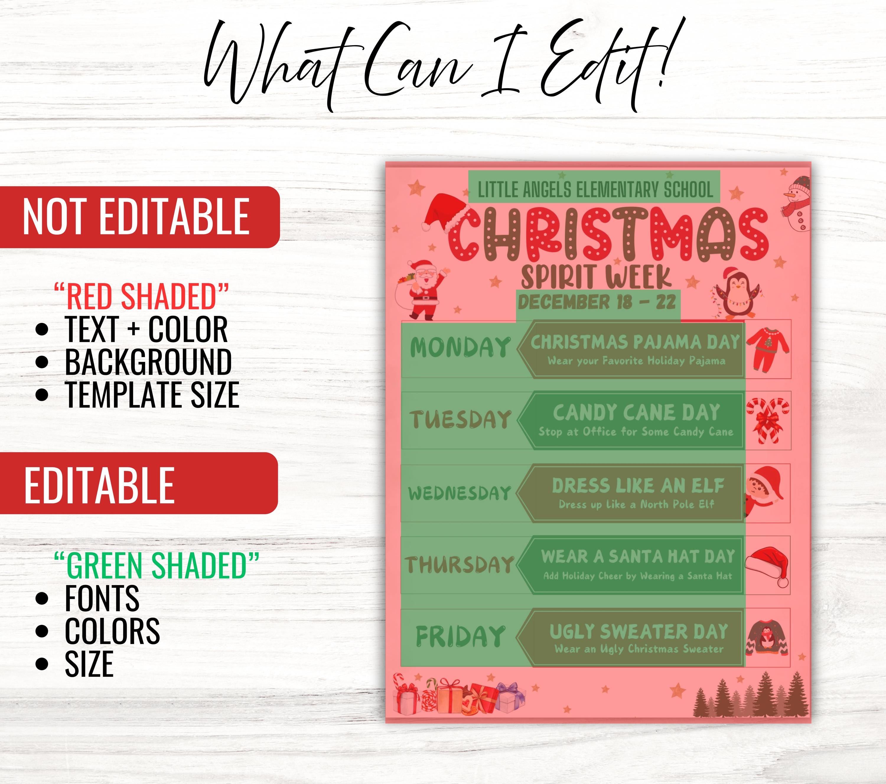 Holiday School Spirit Week Flyer Editable, Winter Spirit Week, December ...