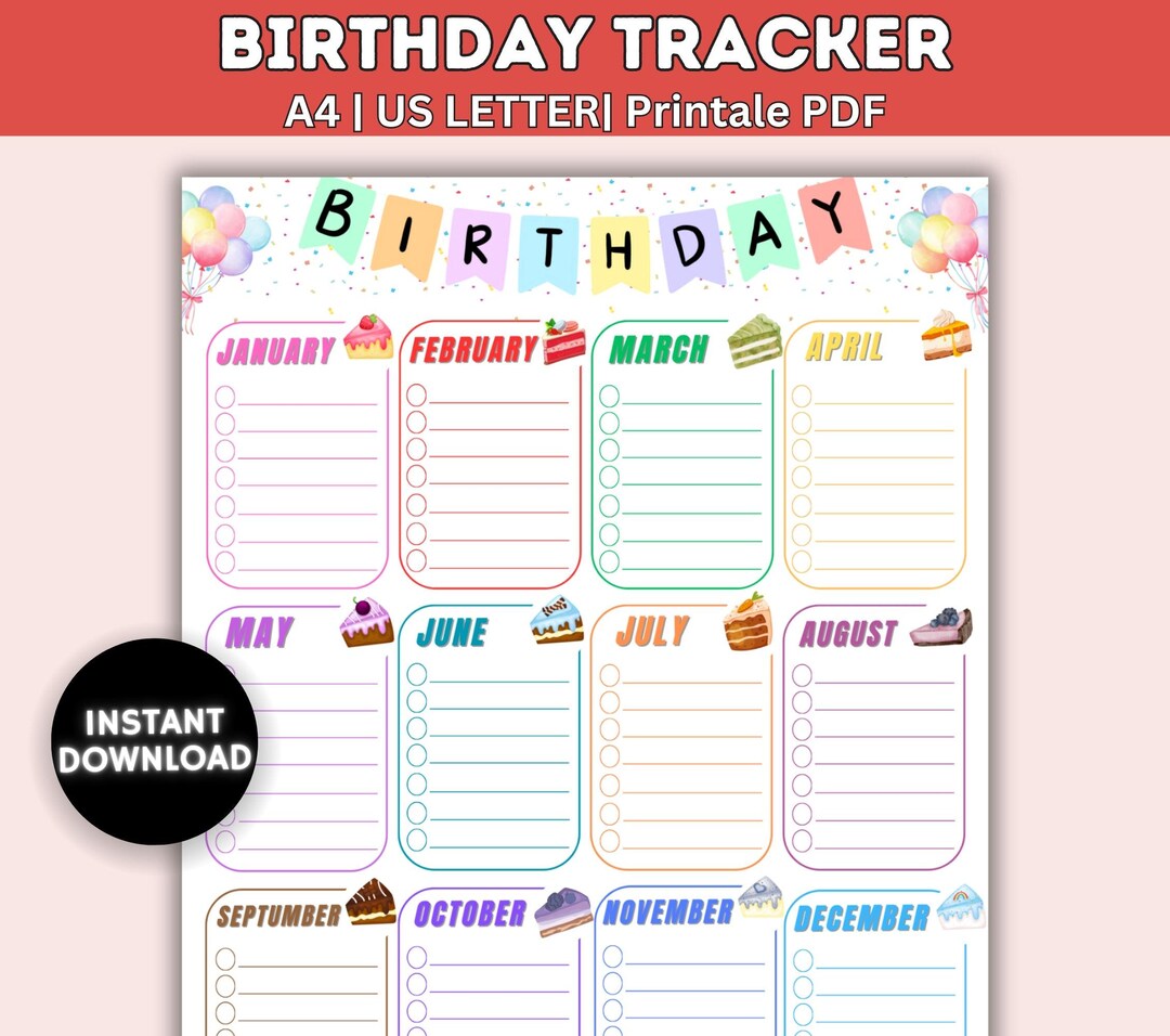 Birthday Tracker Printable Template, Birthday Planner Printable ...