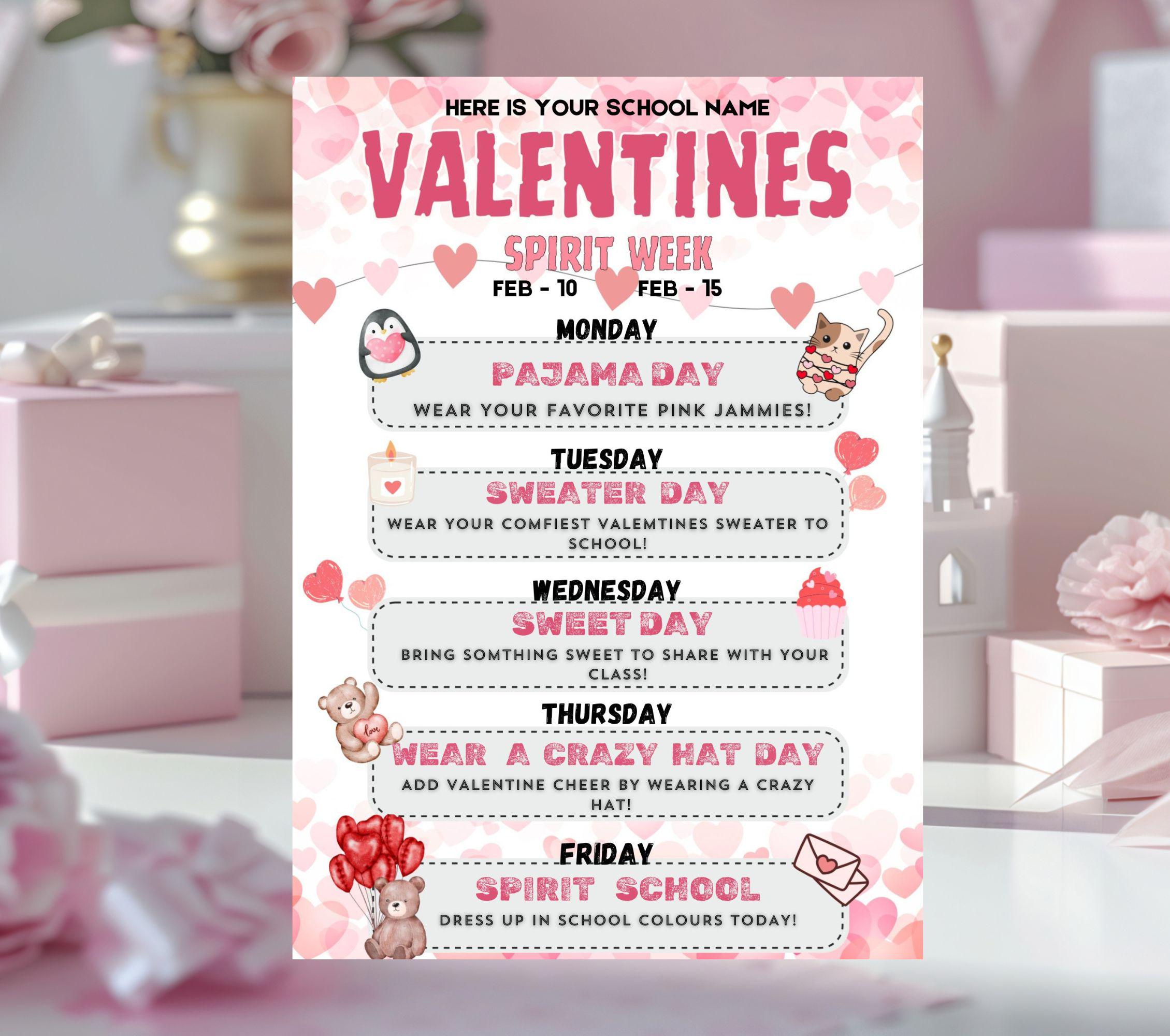 Editable Valentine's School Spirit Week Flyer, PTO Schedule, February ...